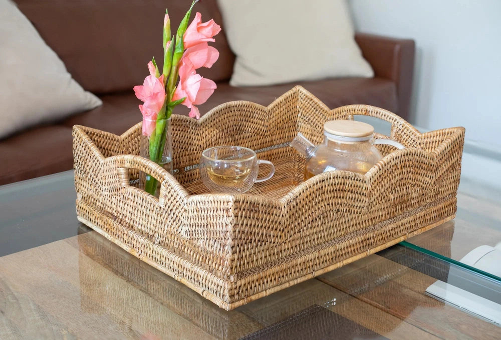 Scalloped Rattan Storage Basket - Woven Wicker - Dear Keaton