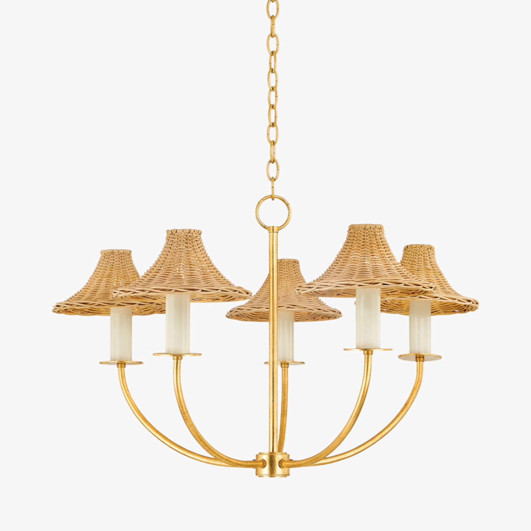 Turnberry Chandelier - Gold Fixture with Rattan Shades - Dear Keaton
