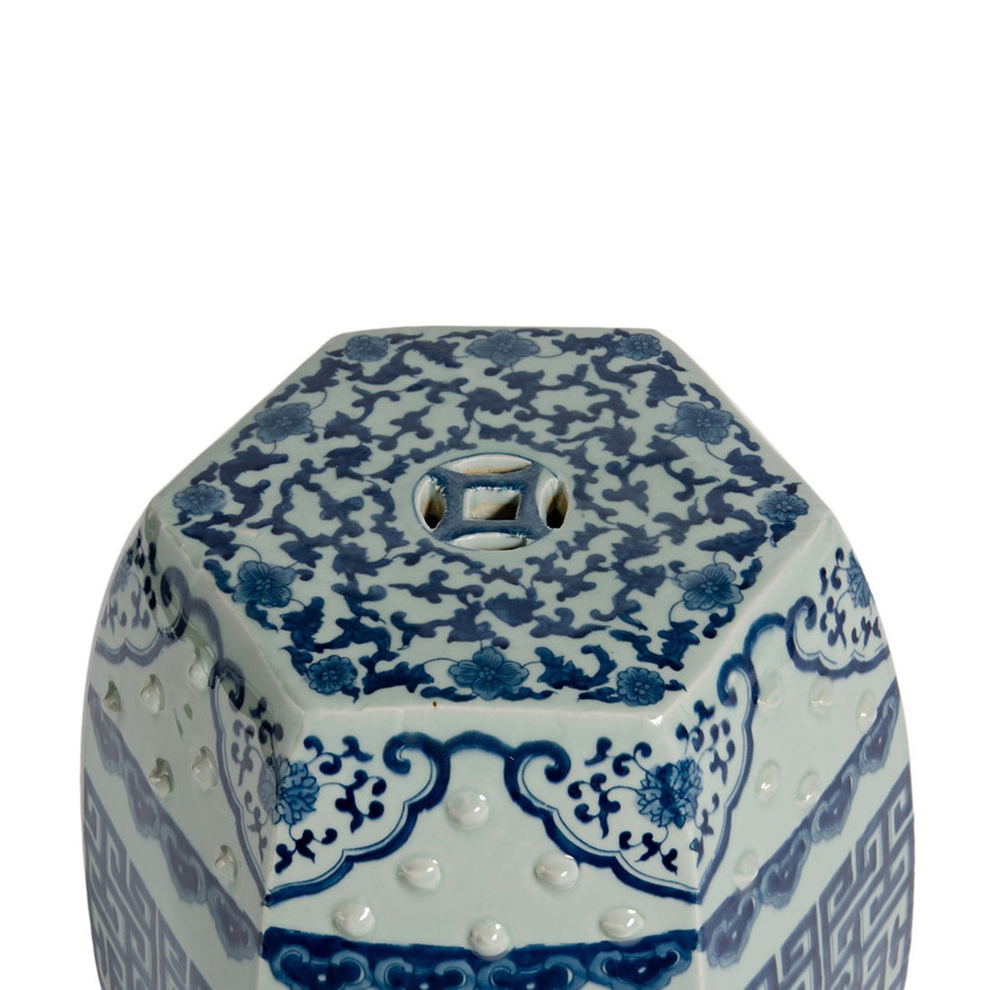Blue Hex Garden Stool - Lattice Greek Key Ceramic Stool - Dear Keaton